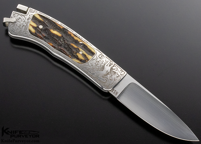 Ron Lake Custom Knife Firmo Fracassi Engraved Stag Interframe Tail Lock ...