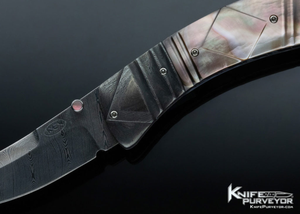 Rex Robinson Custom Knife Damascus and Fluted Black Lip Pearl Linerlock ...
