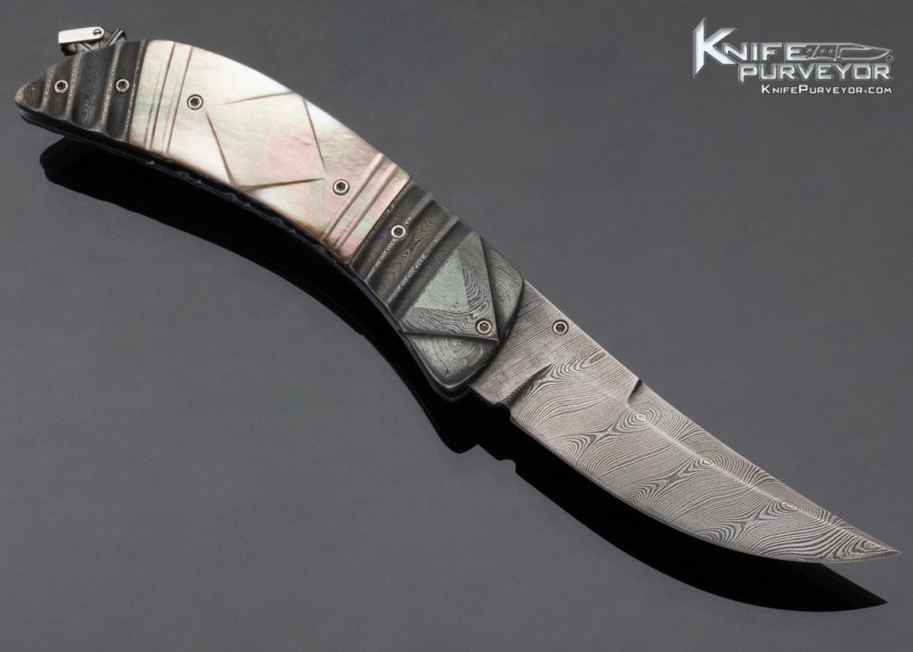 Rex Robinson Custom Knife Damascus and Fluted Black Lip Pearl Linerlock ...