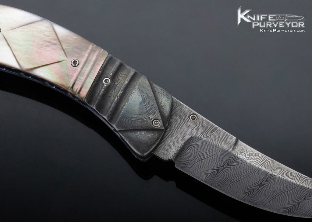 Rex Robinson Custom Knife Damascus and Fluted Black Lip Pearl Linerlock ...