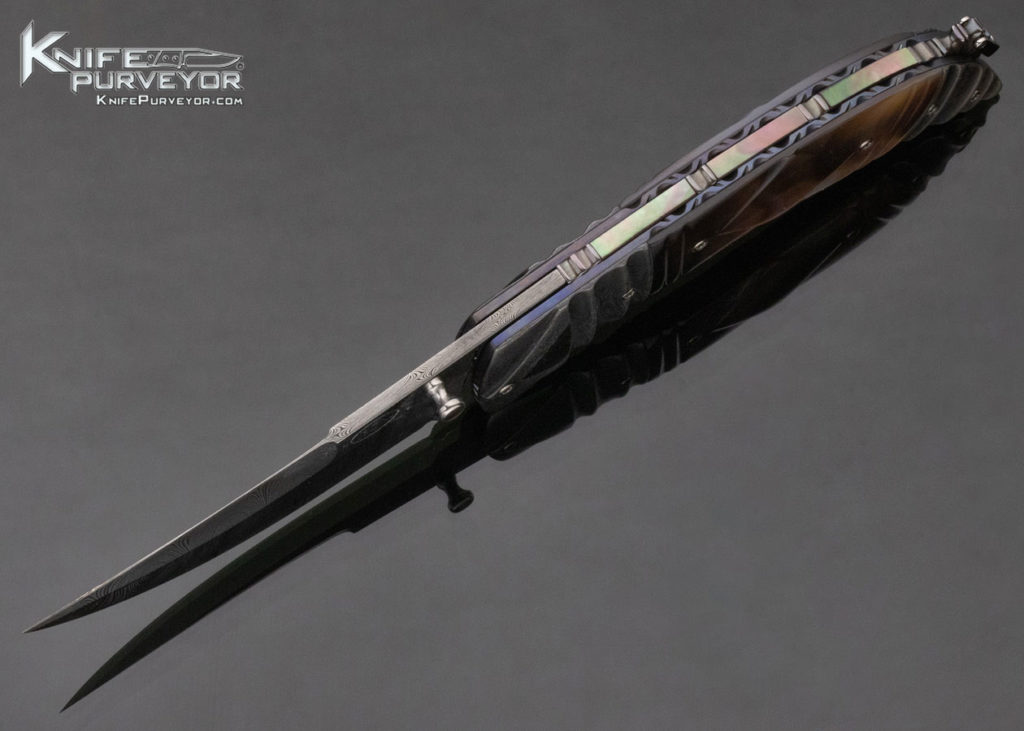 Rex Robinson Custom Knife Damascus and Fluted Black Lip Pearl Linerlock ...