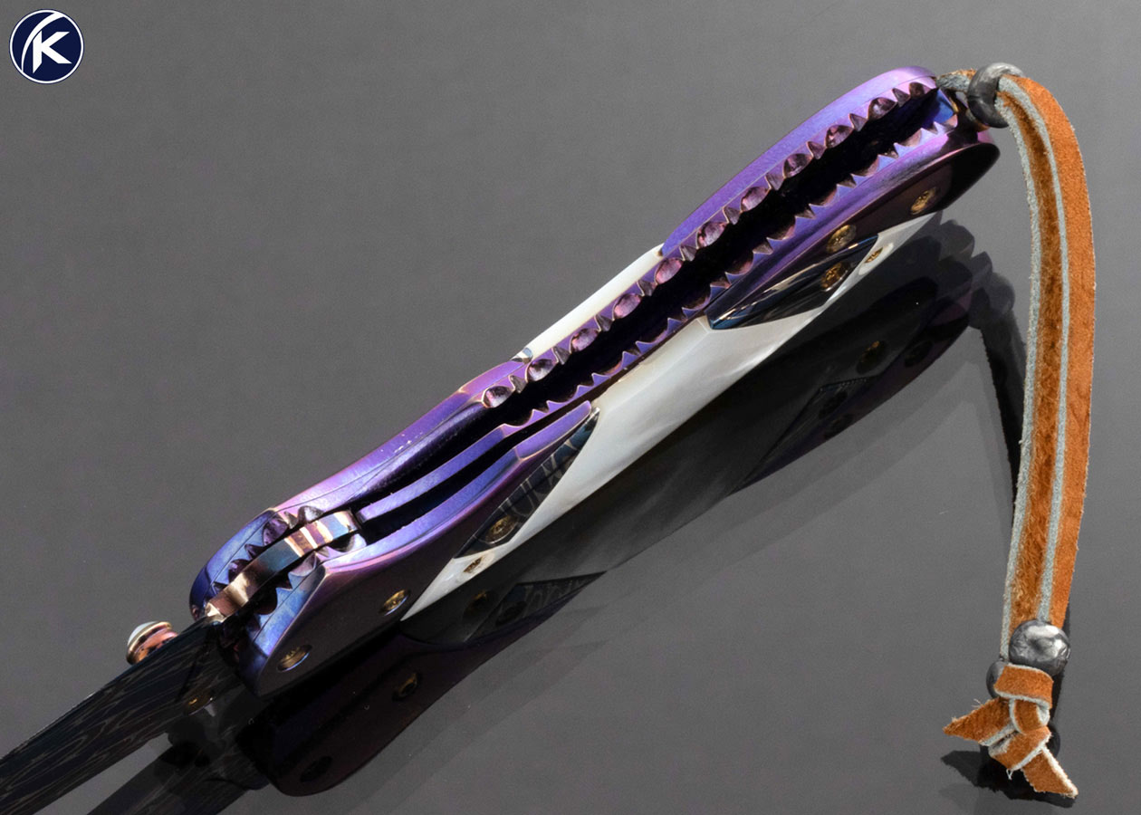 Suchat Jangtanong Custom Knife Blued Damascus Mother of Pearl Linerlock with Leather Lanyard ...