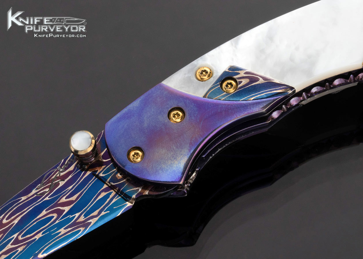 Suchat Jangtanong Custom Knife Blued Damascus Mother of Pearl Linerlock ...