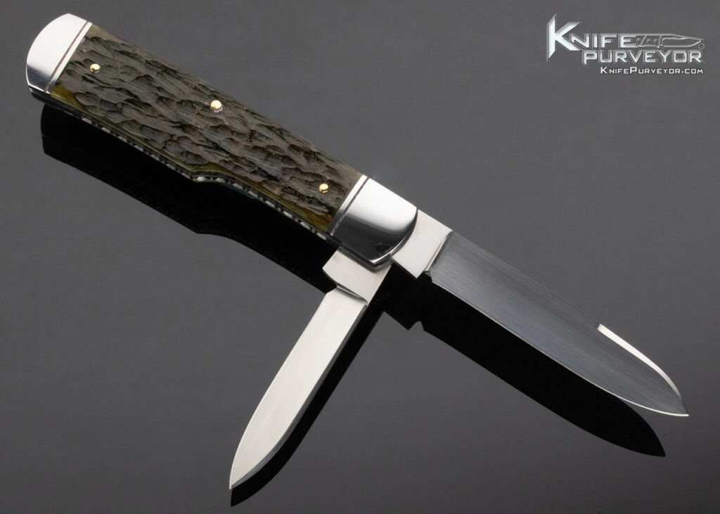 Joel Chamblin Custom Knife Green Jigged Bone 2 Blade Gunstock Pattern ...