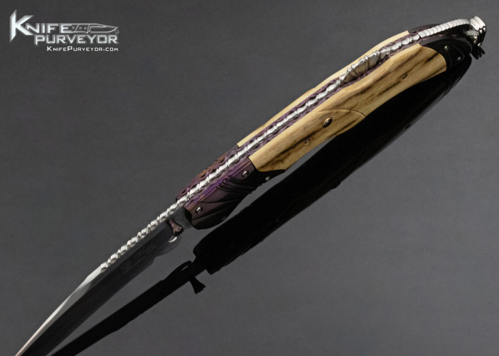 Donald Vogt Custom Knife Blued Damascus and Carved Mammoth Lockback ...