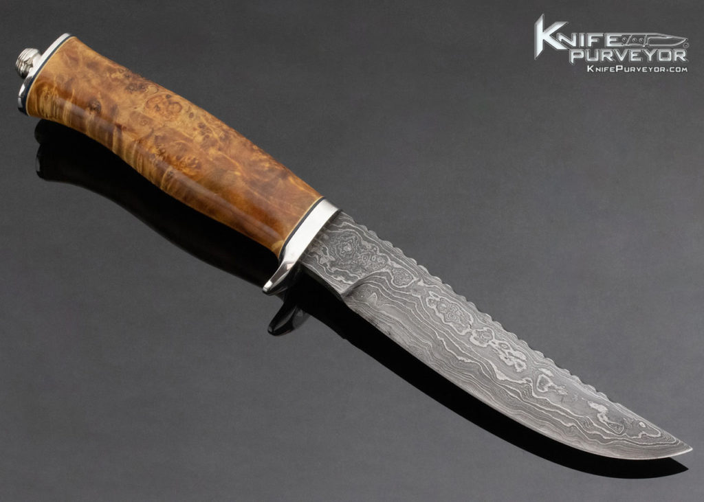 Kermit Laurent Custom Knife Burl Wood and Damascus Fixed Blade - Knife ...