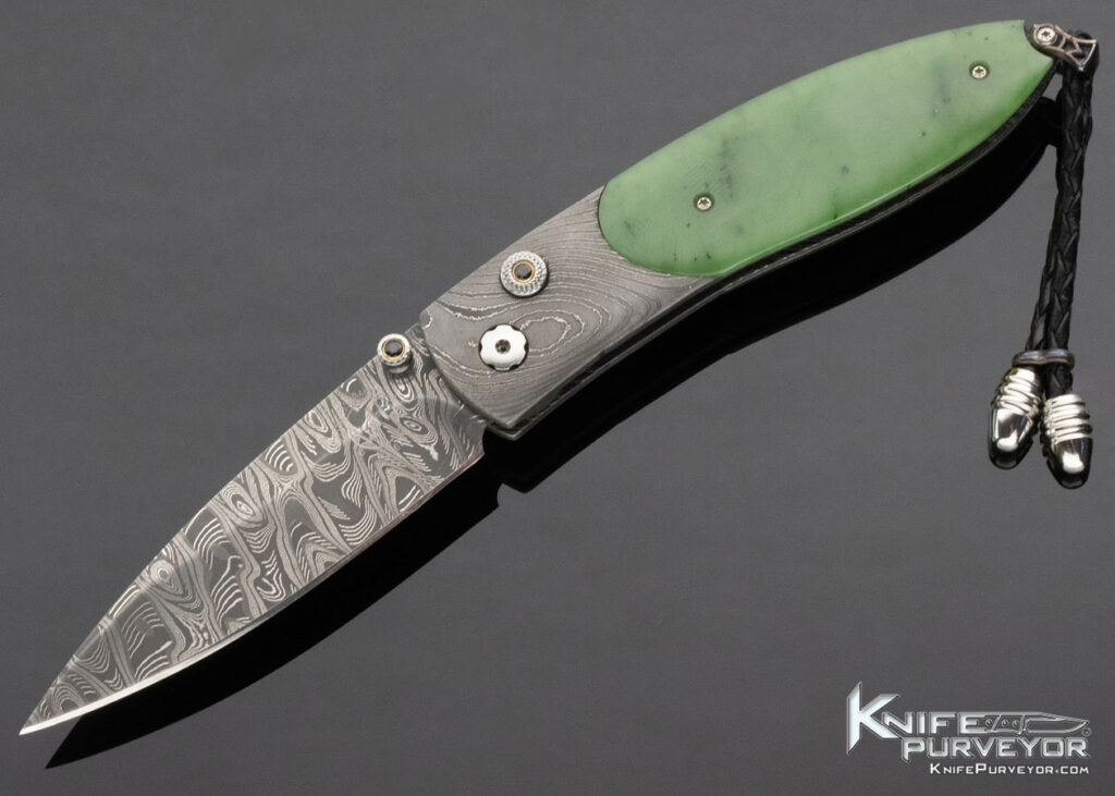 William Henry Custom Knife Damascus and Jade Monarch Sage Button Lock - Knife Purveyor