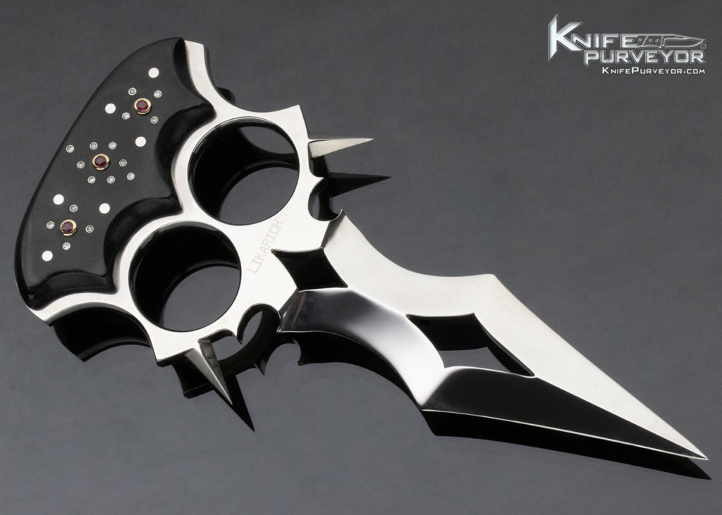 Steve Likarich Black Micarta with Damascus and Ruby Double Ring Push ...