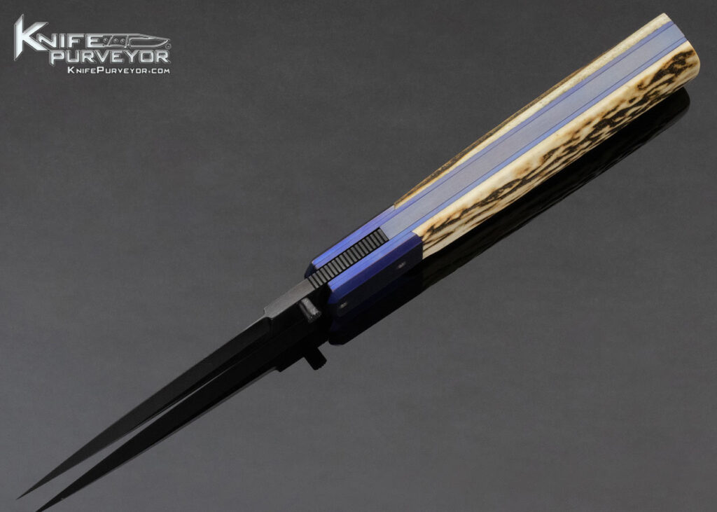 Jeff Chaffee Custom Knife Stag and Damascus Folding Dagger - Knife Purveyor