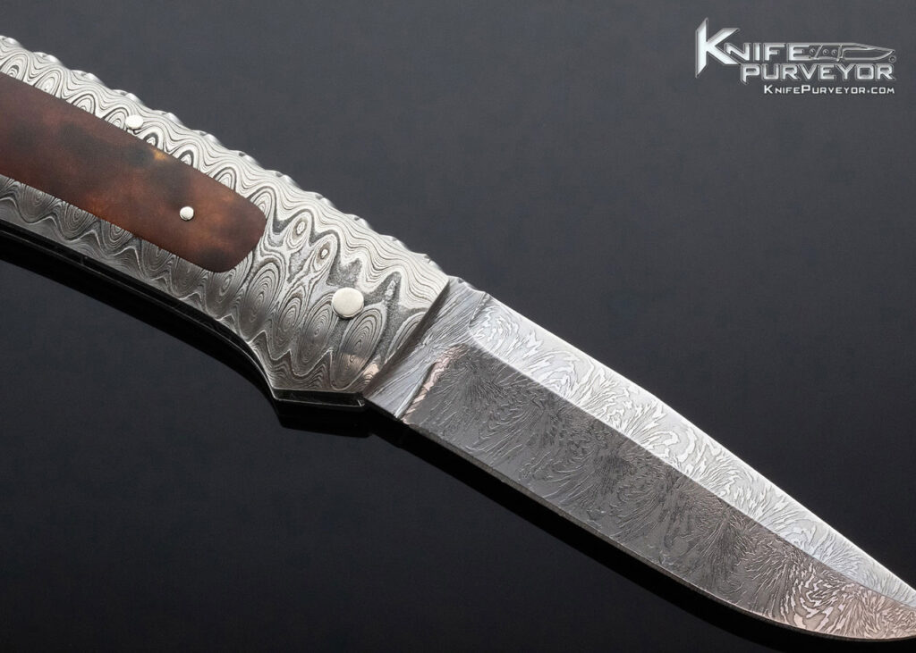 Kay Embretsen Custom Knife Sole Authorship Damascus and Amber Interframe Lockback - Knife Purveyor