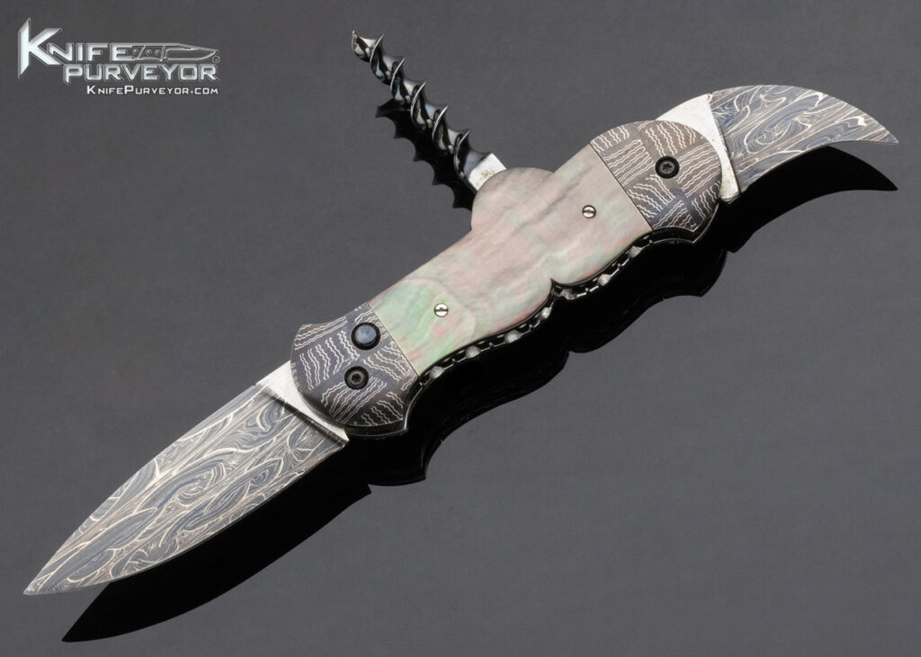 Phil Booth Custom Knife Blued Damascus and Black Lip Pearl Double ...