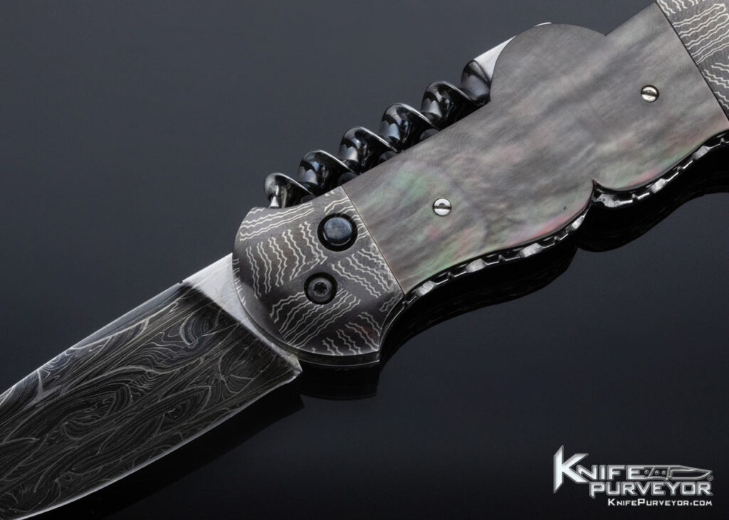 Phil Booth Custom Knife Blued Damascus and Black Lip Pearl Double ...