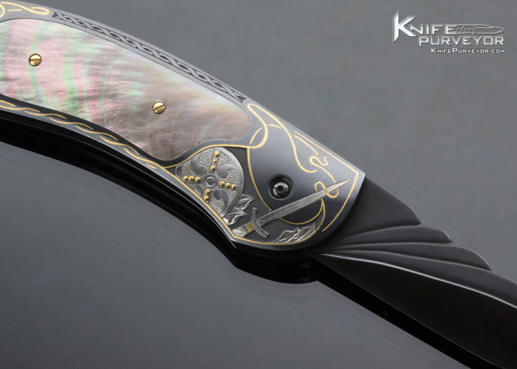 Jim Minnick Custom Knife Damascus and Black Lip Pearl Button Release ...