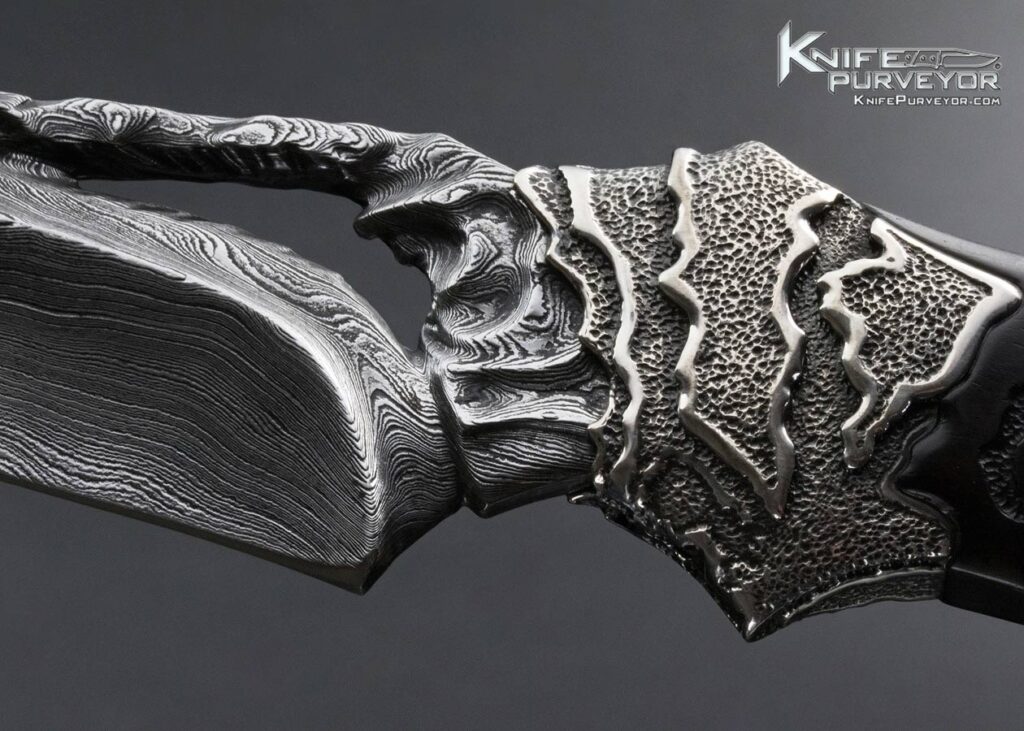 Roger Bergh Custom Knife Carved Sole Authorship Random Damascus Fighter with African Blackwood ...