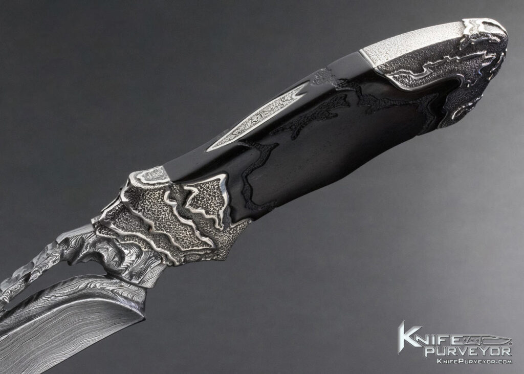 Roger Bergh Custom Knife Carved Sole Authorship Random Damascus Fighter with African Blackwood ...