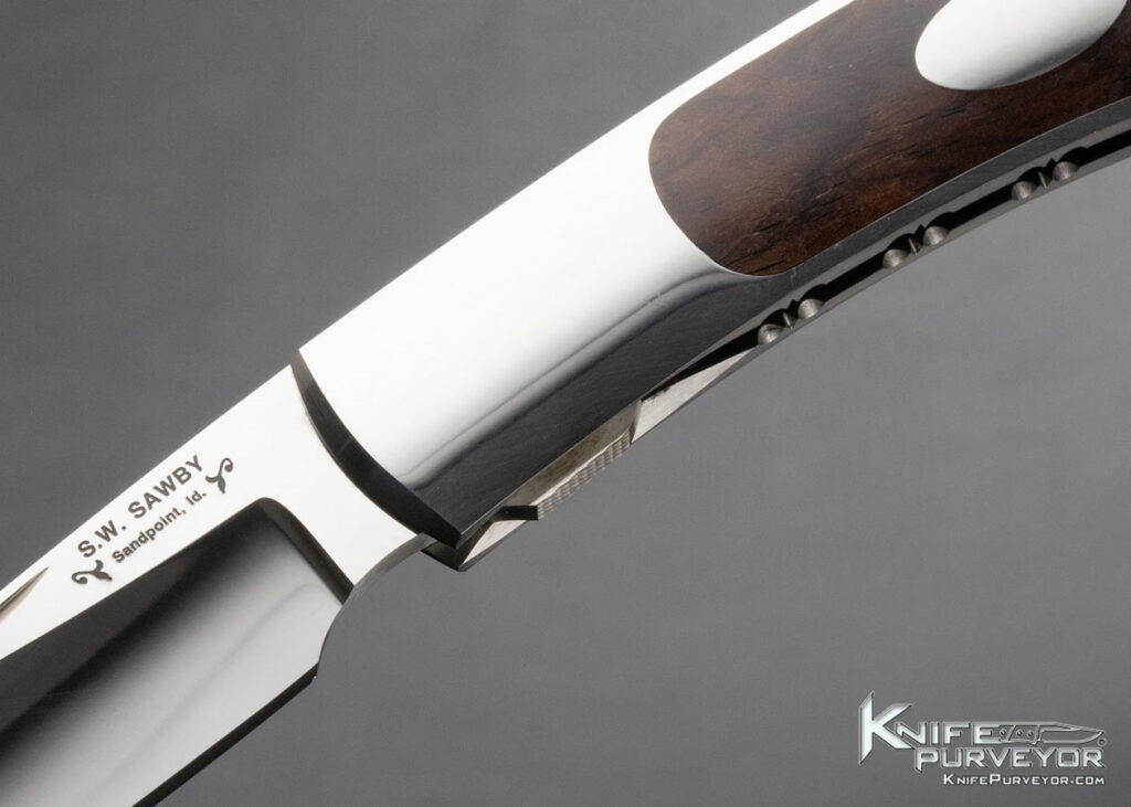 Scott Sawby Custom Knife Drop Point Desert Ironwood Interframe with Steel Escutcheon Self Lock ...