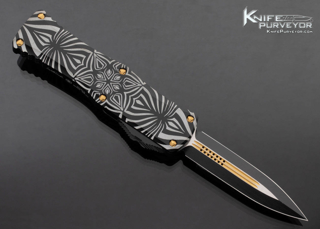 Microtech Hera 'Source' OTF Aluminum Auto M390 Black Two-Tone Double Edge Dagger Gold Accents ...