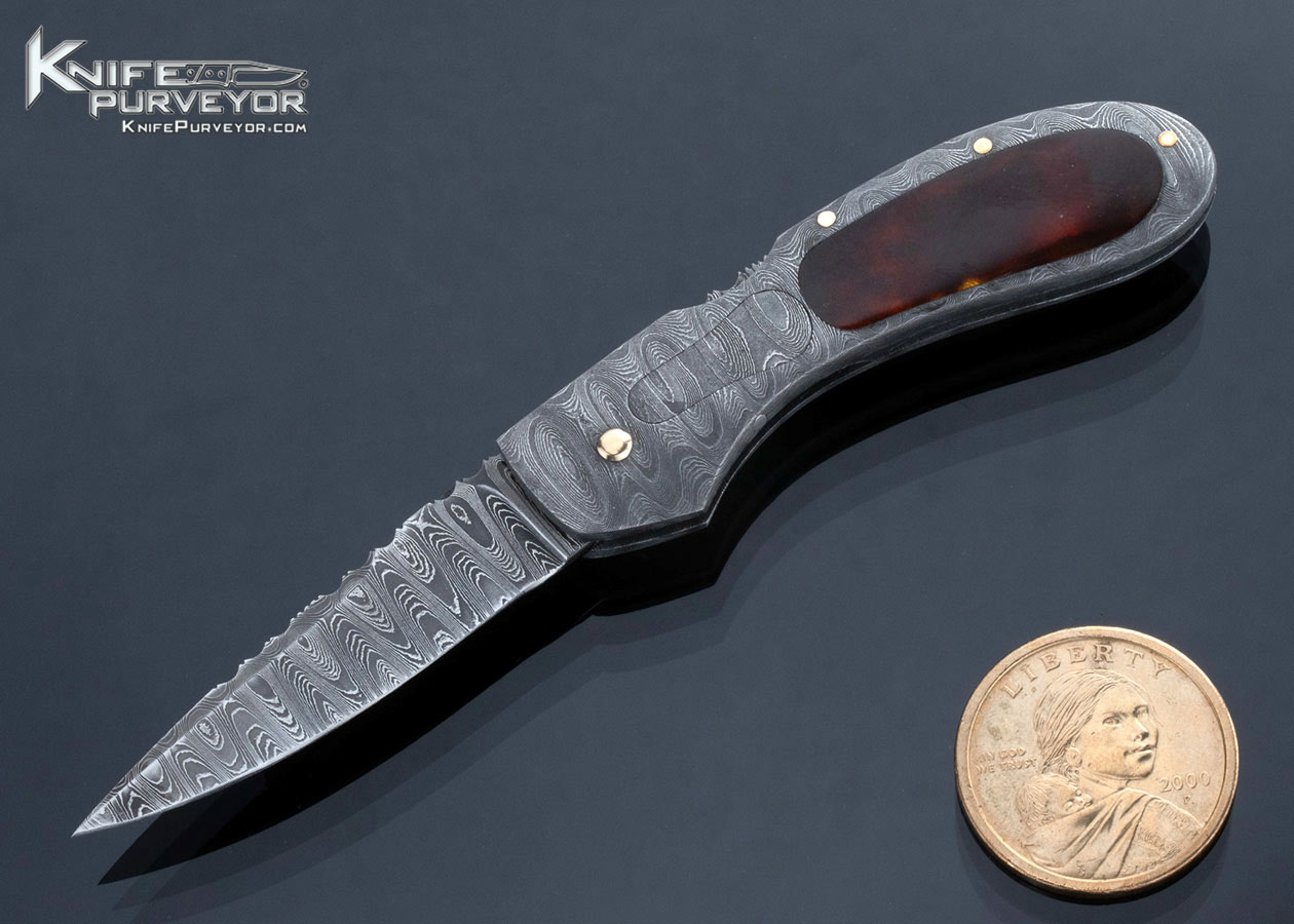 Joe Kious Custom Knife Damascus and Amber Interframe Automatic Lockback ...