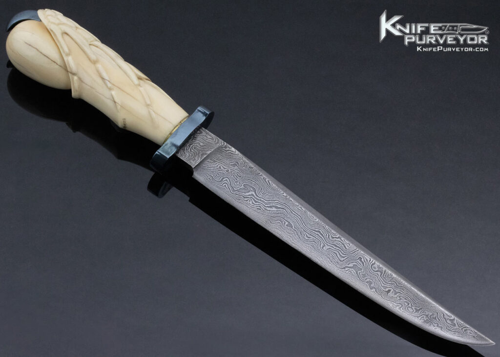 Jim Crowell Custom Knife Damascus Bowie with R. Dimarzo Carved ...