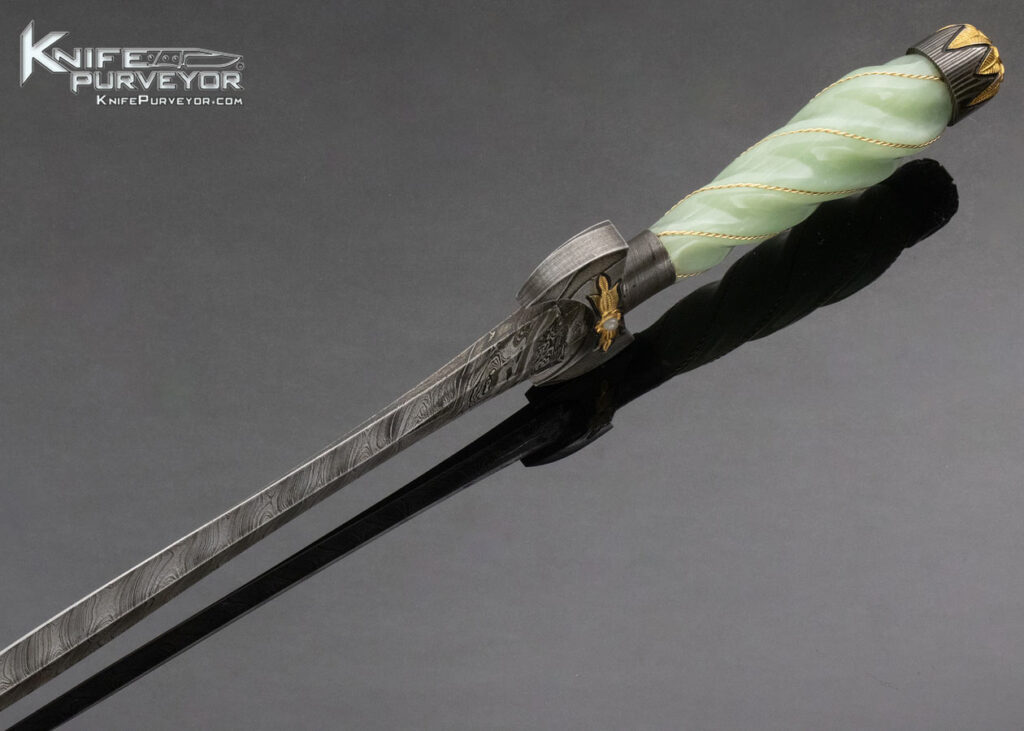 Jim Ence Custom Knife Damascus Dagger with Fluted Jade and Braided Gold ...
