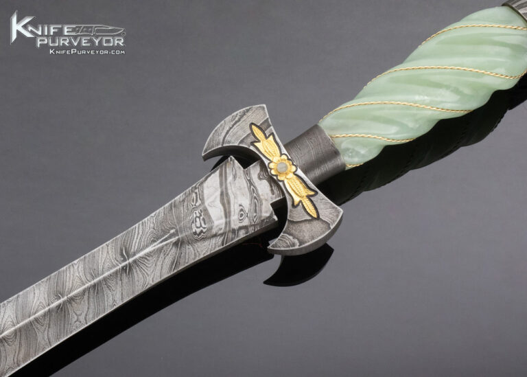 Jim Ence Custom Knife Damascus Dagger with Fluted Jade and Braided Gold ...