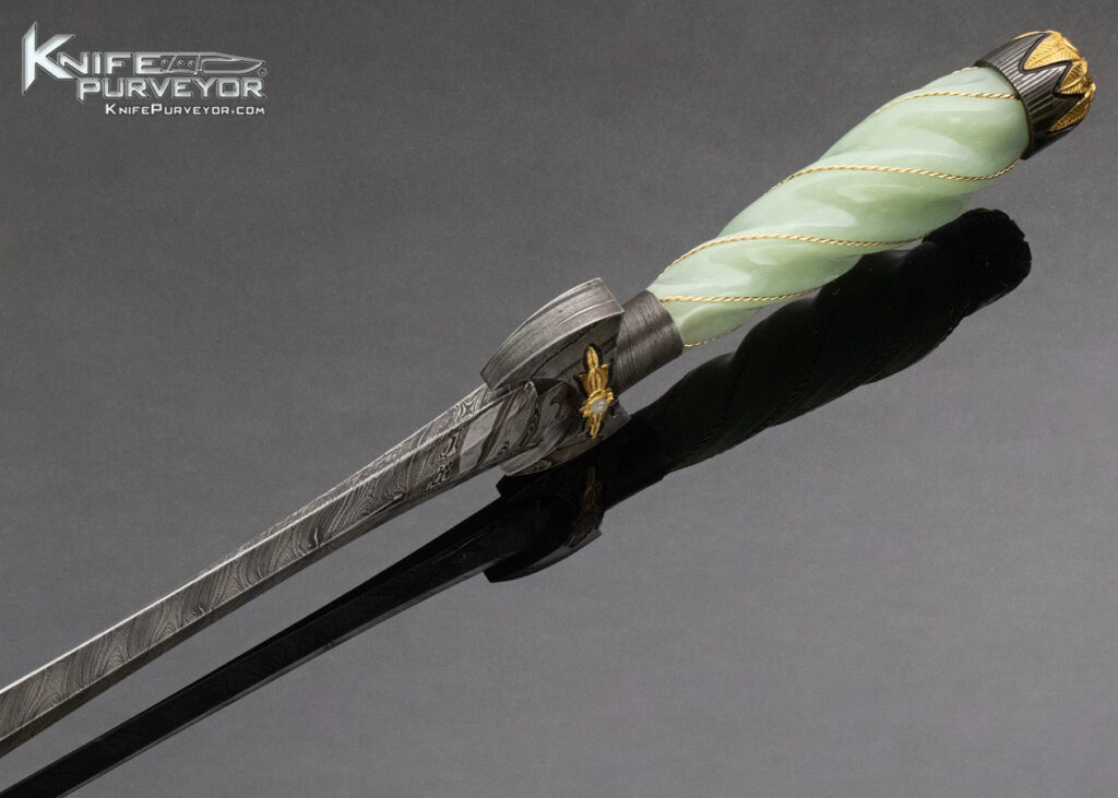 Jim Ence Custom Knife Damascus Dagger with Fluted Jade and Braided Gold ...